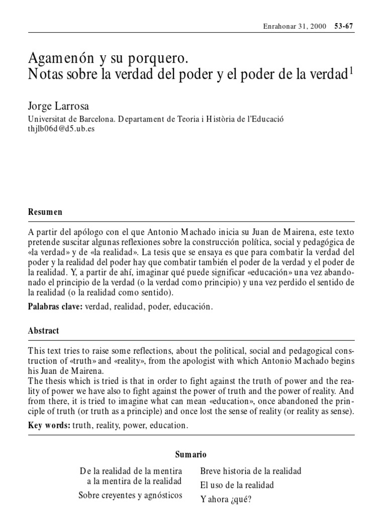 Agamenon y Su Porquero Notas Sobre La Verdad y El Poder de La Verdad ...