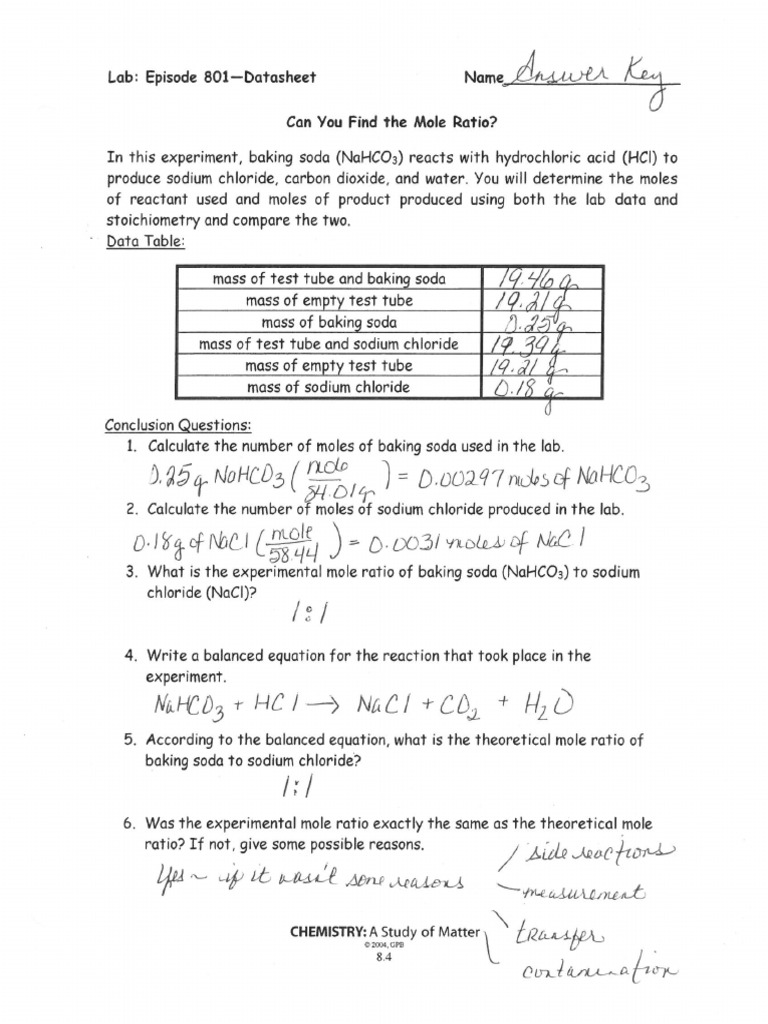 Stoichiometry Video Lab Datasheet - Key | PDF
