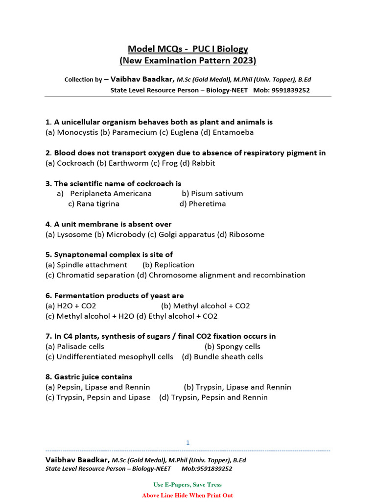 PUC I Biology MCQs 2023 by Vaibhav Baadkar | PDF | Technology & Engineering