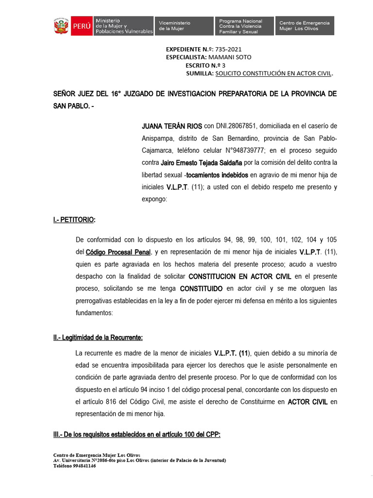 222-2022, Constitucion en Actor Civil Juana Teran | PDF | Daños y ...