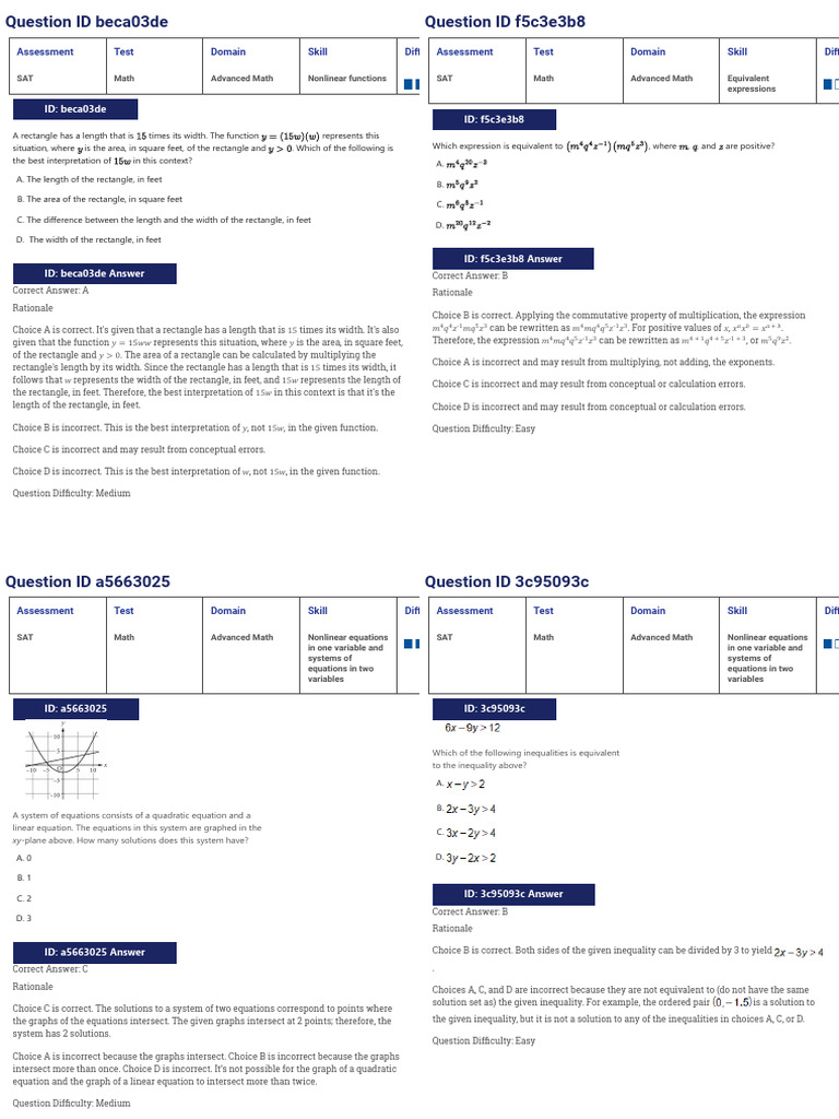 SAT Math Questions and Solutions | PDF | Factorization | Quadratic Equation