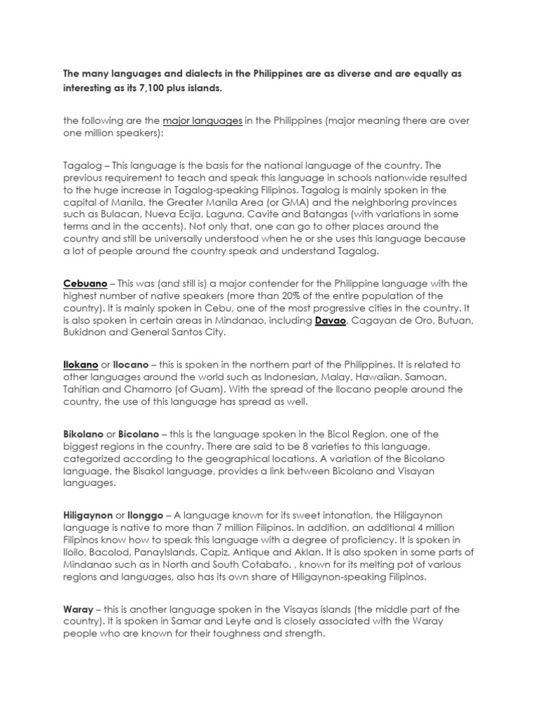 Major Languages in The Philippines | PDF | Tagalog Language | Philippines