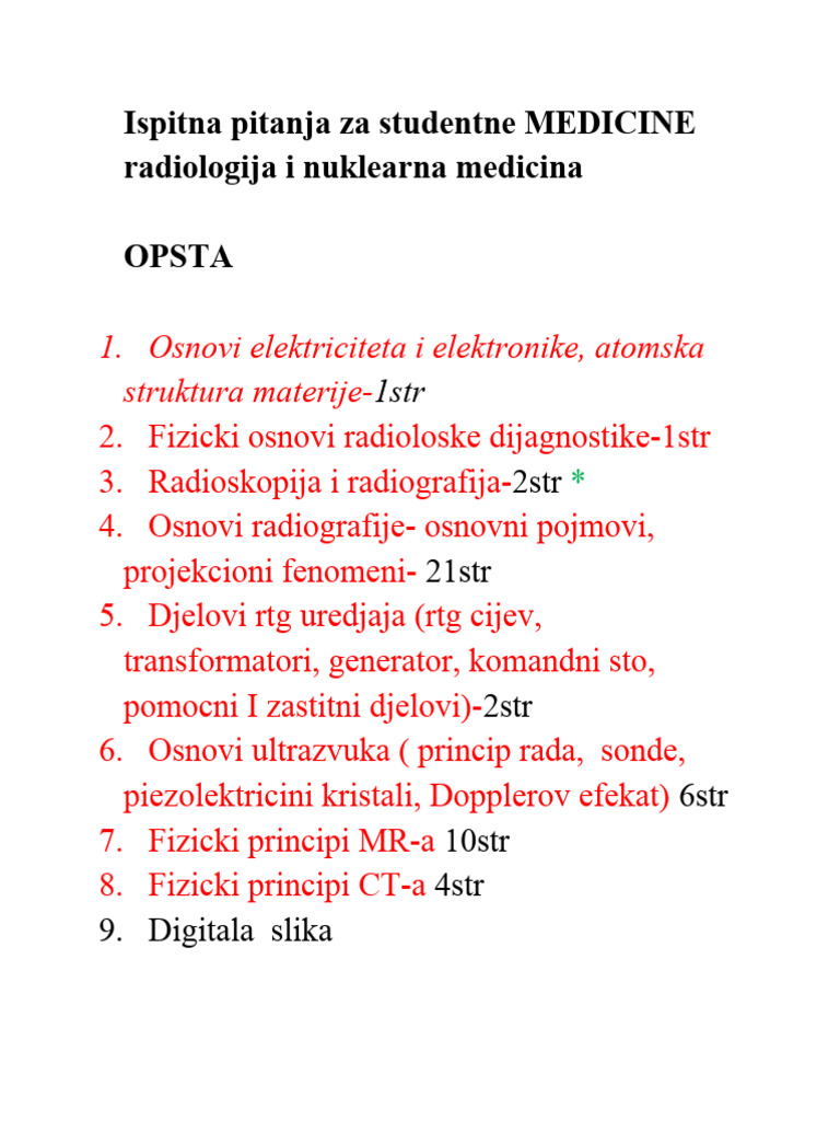 Ispitna Pitanja Za Studentne MEDICINE Radiologija I Nuklearna Medicina | PDF