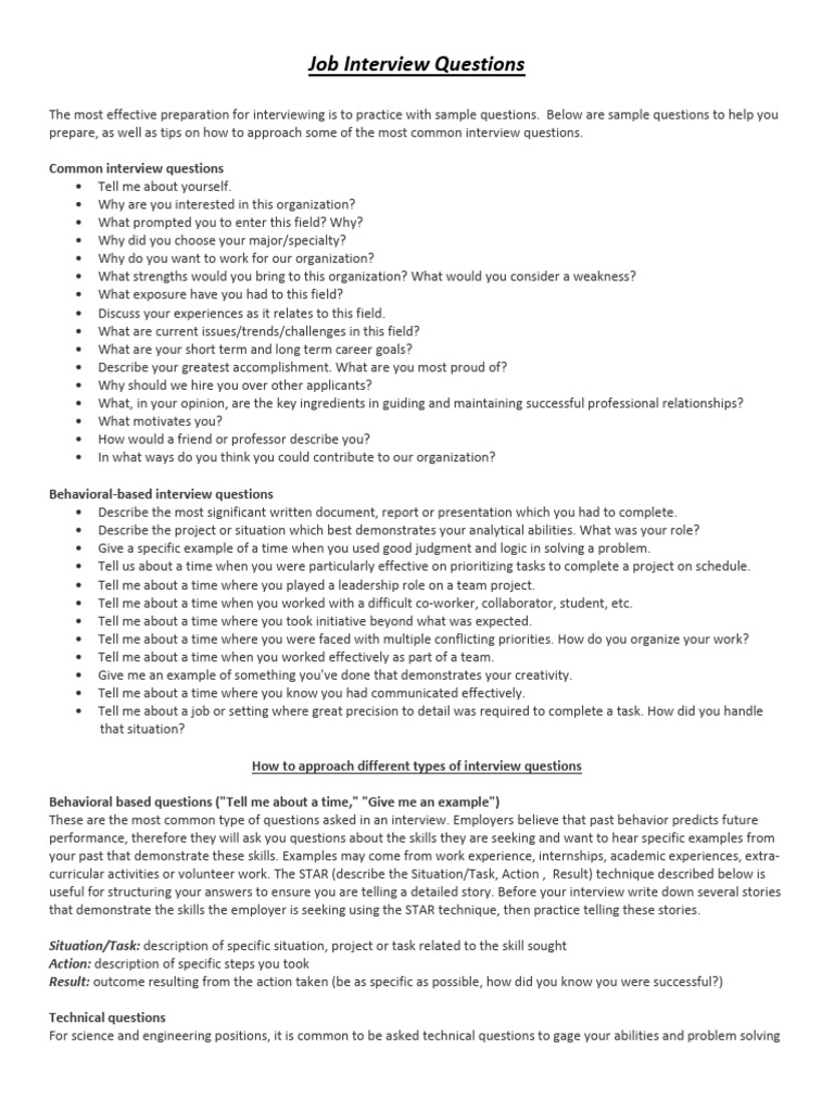 Handout Job Interview Questions Feb 2018 | PDF | Job Interview | Job ...