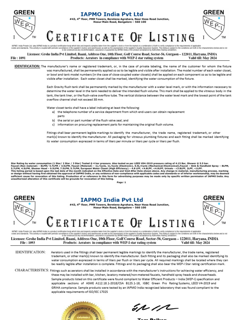 1093 Grohe WEP-I Product Listing Certificate '22-'23 | PDF