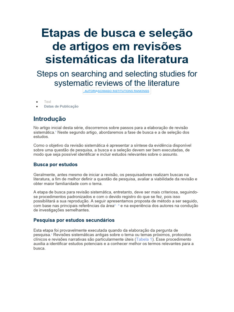 Etapas de Busca e Seleção de Artigos em Revisões Sistemáticas Da ...