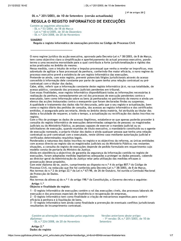 DL N.º 201 - 2003, de 10 de Setembro Registo Informático Das Execuções ...