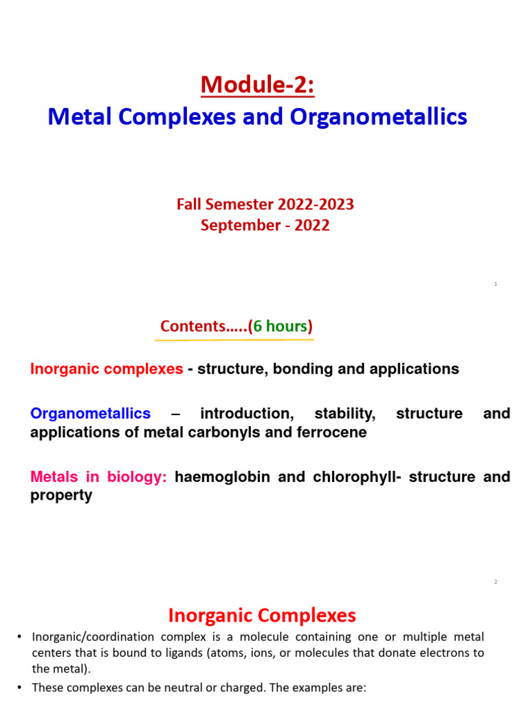 Module 2 - Metal Complexes and Organometallics | PDF | Coordination Complex | Ligand