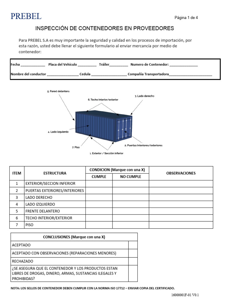 16000001F01 V0.1 Formato Inspeccion de Contenedores en Proveedores | PDF