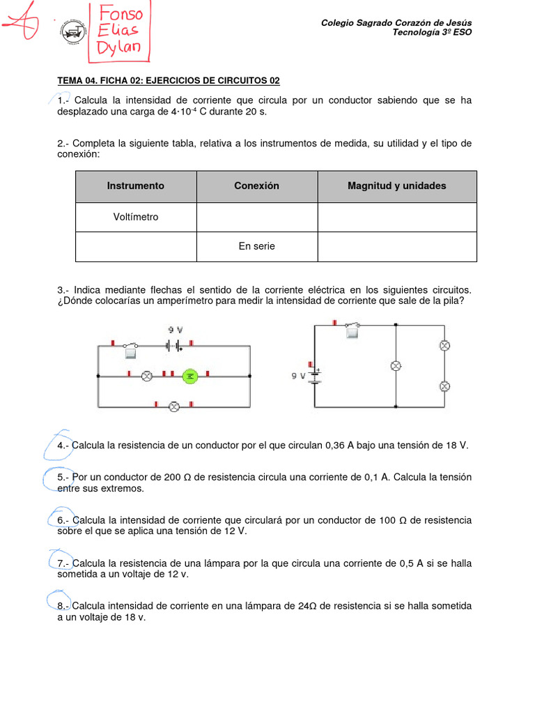 Tema 04. Ficha 02 - Ejercicios de Circuitos 02 | PDF | Corriente eléctrica | Resistencia ...