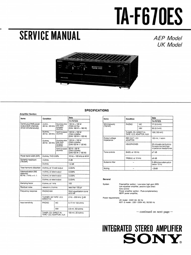 Sony Ta F670es Integrated Amplifier Service Manual | PDF