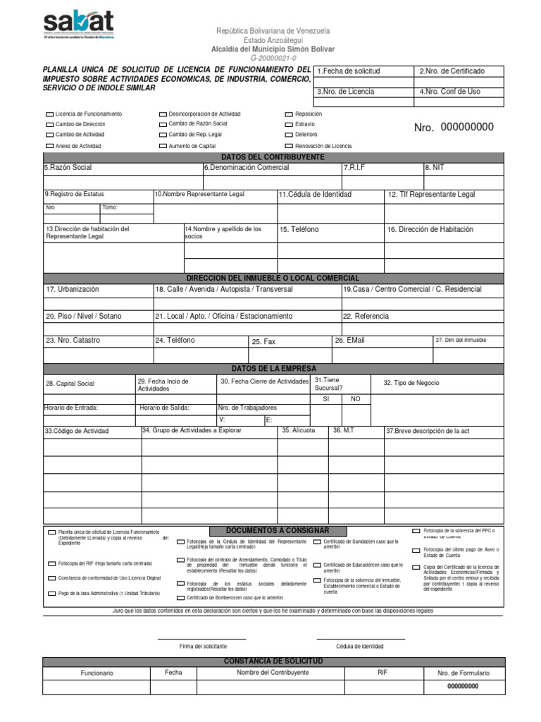 Planilla de Solicitud de Licencia Simon Bolivar | PDF | Contribuyente