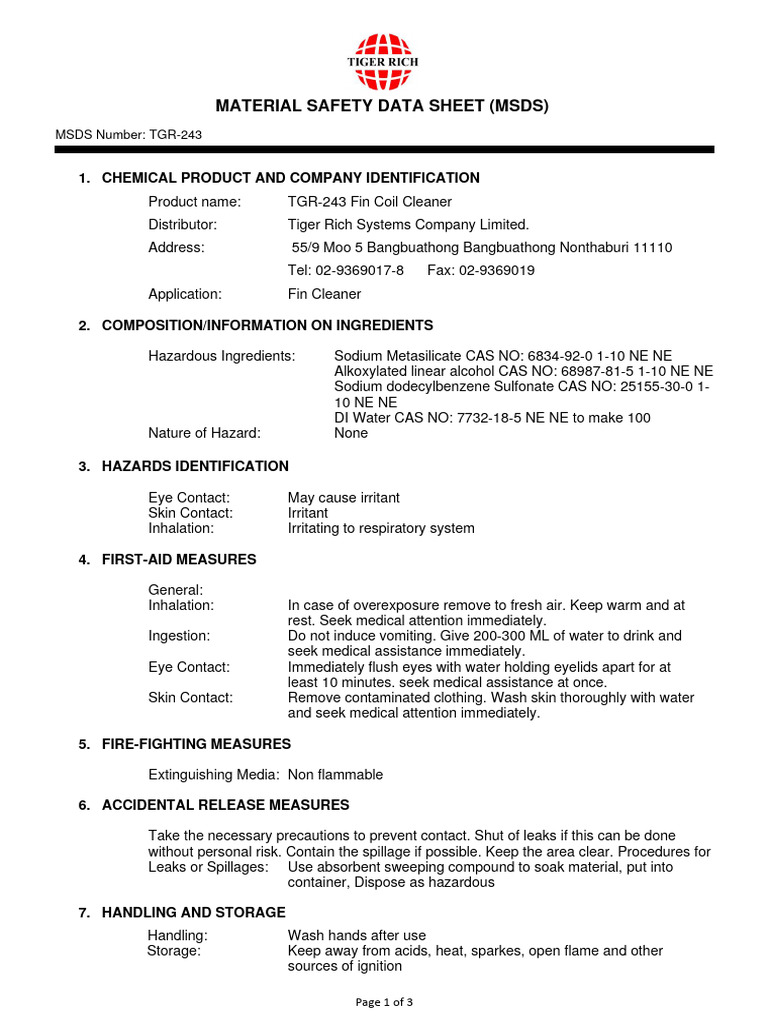 MSDS TGR-243 | PDF | Occupational Safety And Health | Safety
