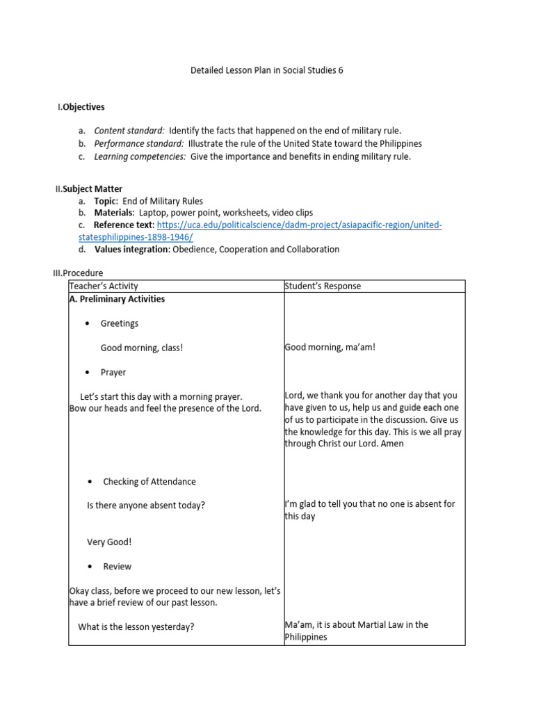 Detailed Lesson Plan in Social Studies | PDF | Philippines | Martial Law