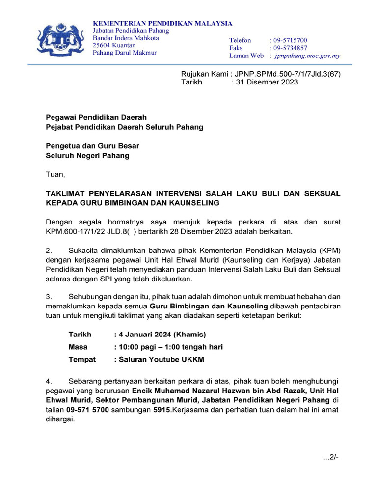 Surat Taklimat Buli Dan Seksual | PDF