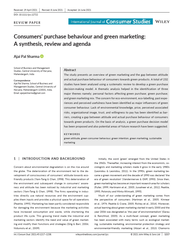 Consumers Purchase Behaviour and Green Marketing A Synthesis, Review and Agenda | PDF | Behavior ...