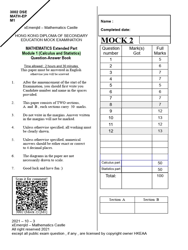 M1 Mock 2 (3002) | PDF | Mathematics
