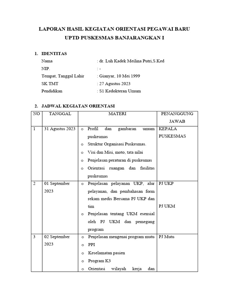 LAPORAN HASIL KEGIATAN ORIENTASI PEGAWAI BARU Dr. M | PDF | Pengembangan Diri
