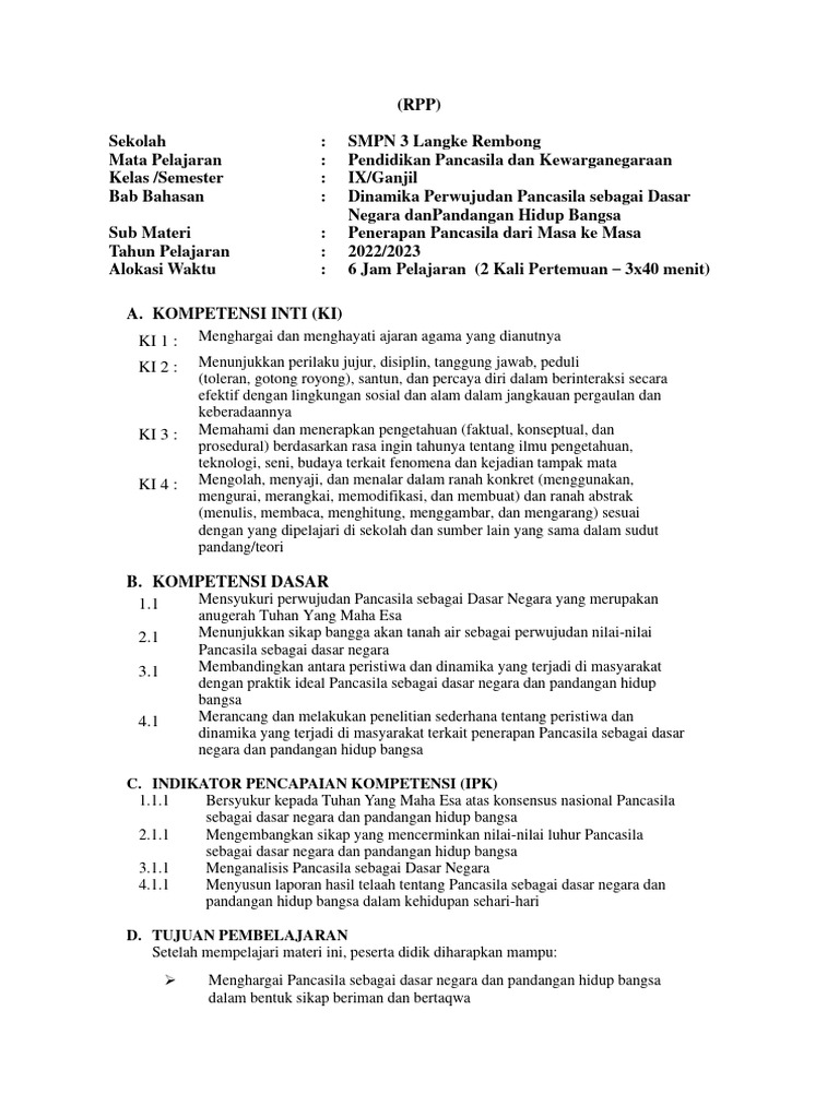 RPP Kelas IX PPKN 1 Tahun | PDF