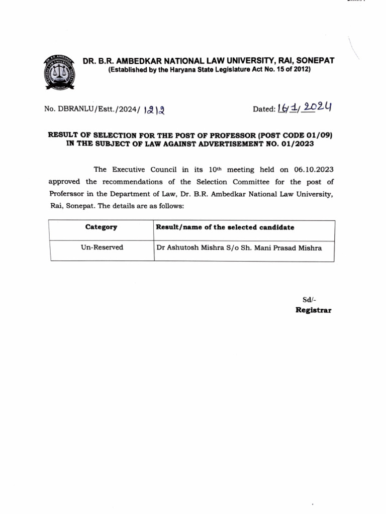 Result of Selection For The Post of Professor (Post Code 0109) | PDF
