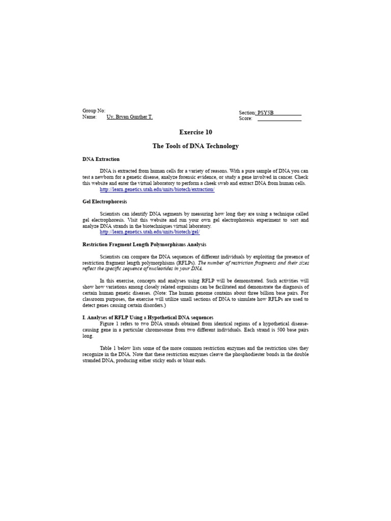 Genetics Lab Exercise 10 - The Tools of DNA Technology | PDF ... Genetics Lab Exercise 10 - The Tools of DNA Technology | PDF ...