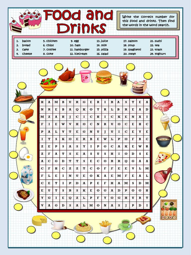Food and Drinks Wordsearch Crosswords Fun Activities Games Picture ...