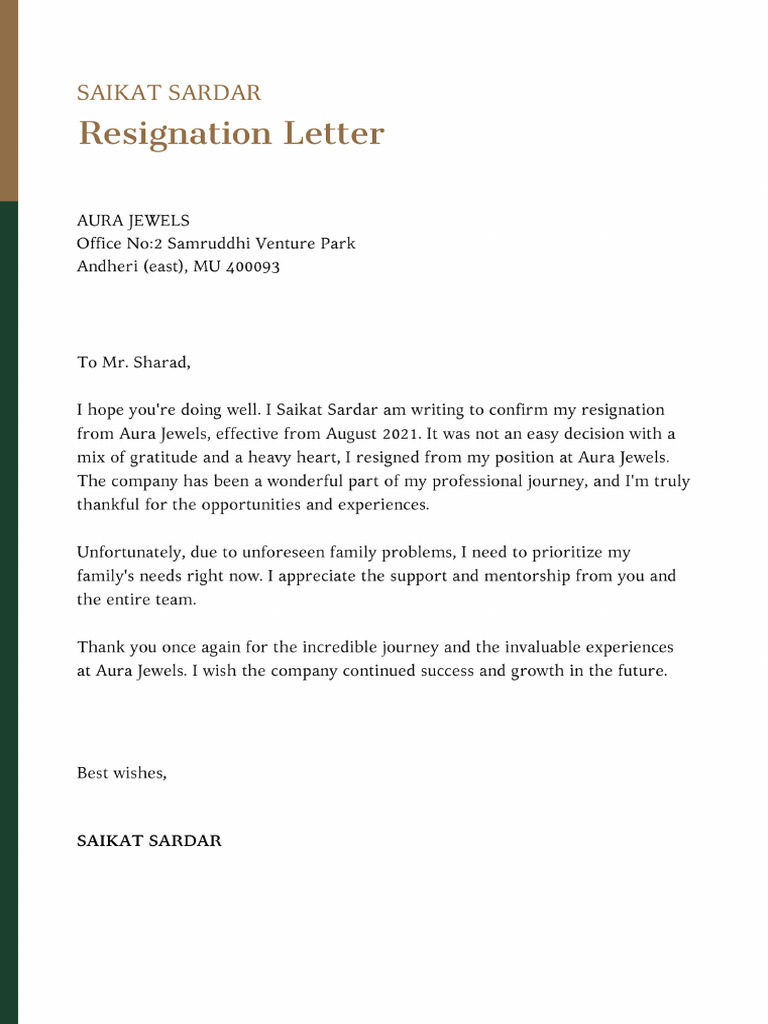 Dark Green Brown Sophisticated Traditional Sample Resignation Letter | PDF