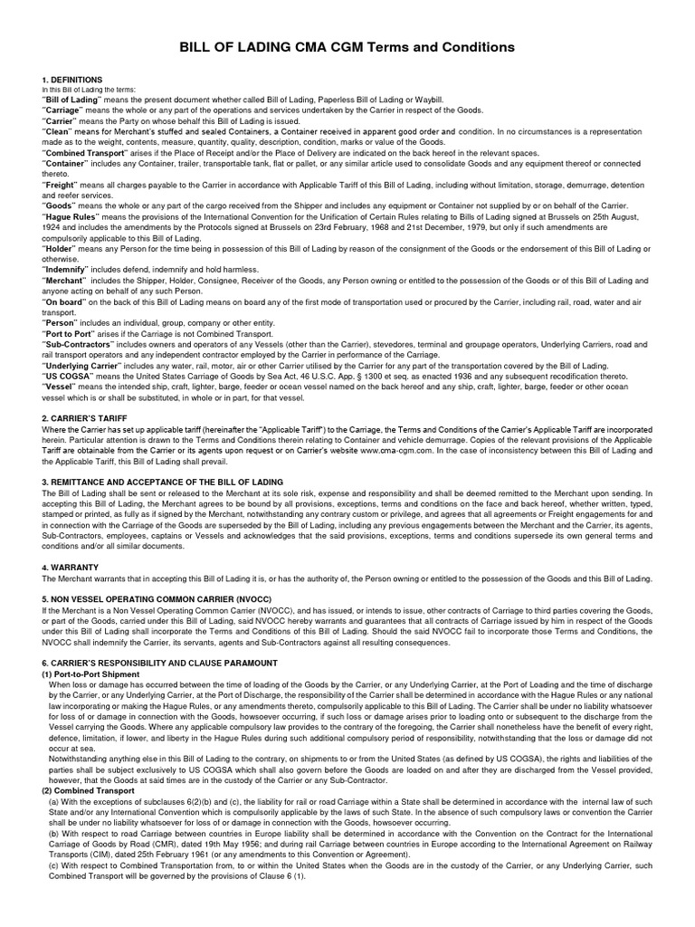 BILL OF LADING CMA CGM Terms and Conditions Online Version 02.2020 ...