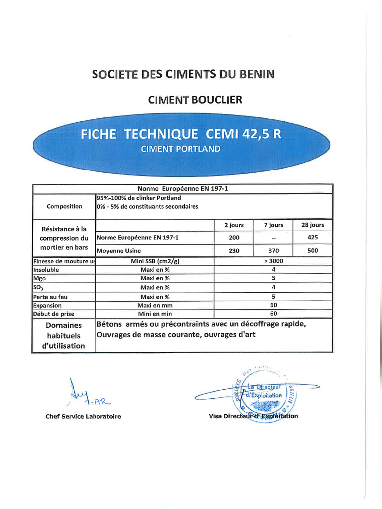 Fiche Technique CEMI 42.5R Ciment Bouclier | PDF