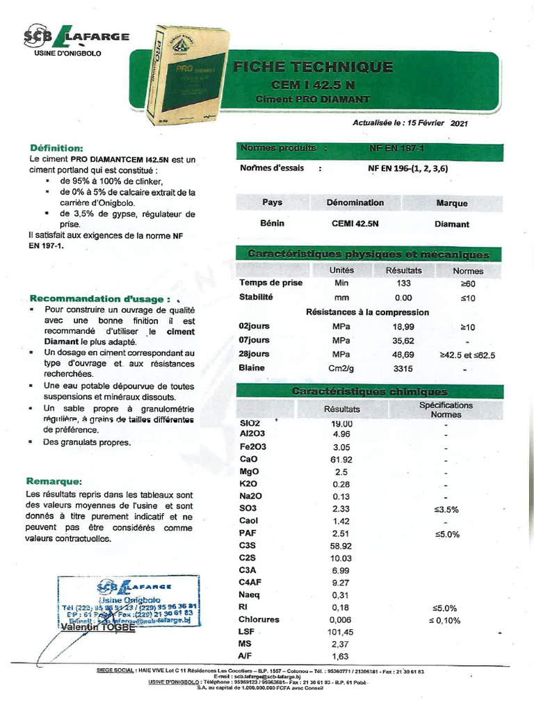 Fiche Technique CEMI 42.5N Ciment Pro Diamant | PDF