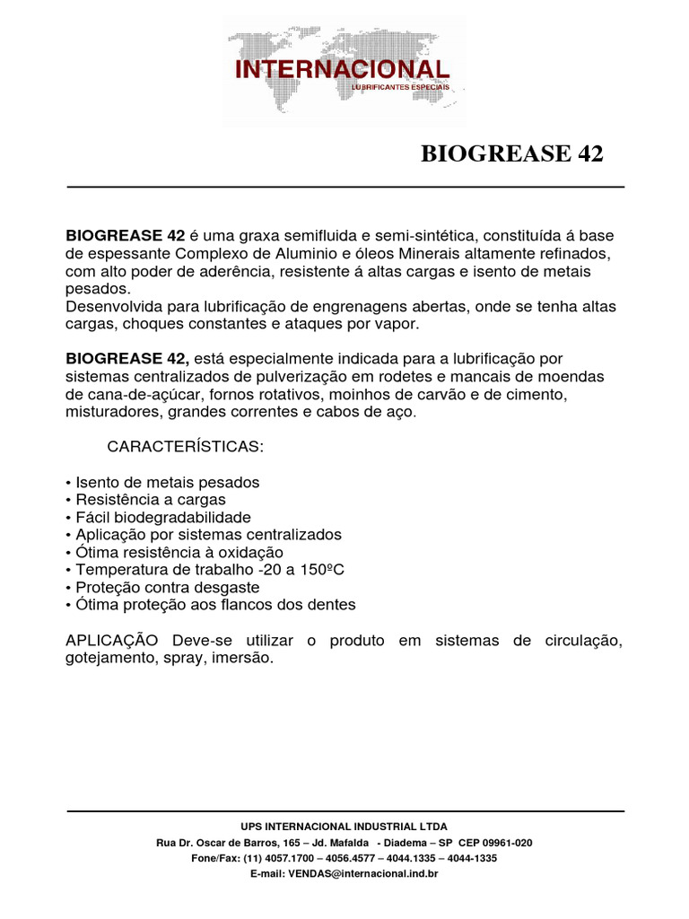 Ficha Técnica - Biogrease 42 - 2019 | PDF | Materiais | Química