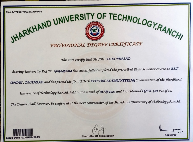 Provisional Degree Certificate - B.Tech | PDF