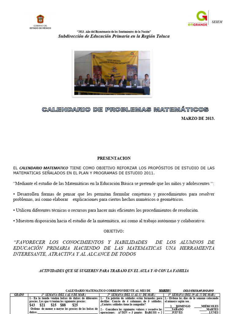 Calendario Mat. Mes de Marzo | PDF | Educación primaria | Calendario