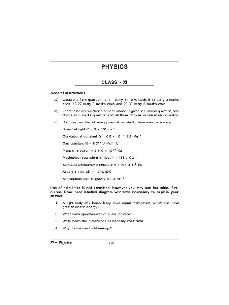 Class 11 Physics Question Paper | PDF