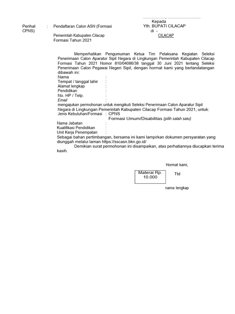 Surat Lamaran Cpns | PDF