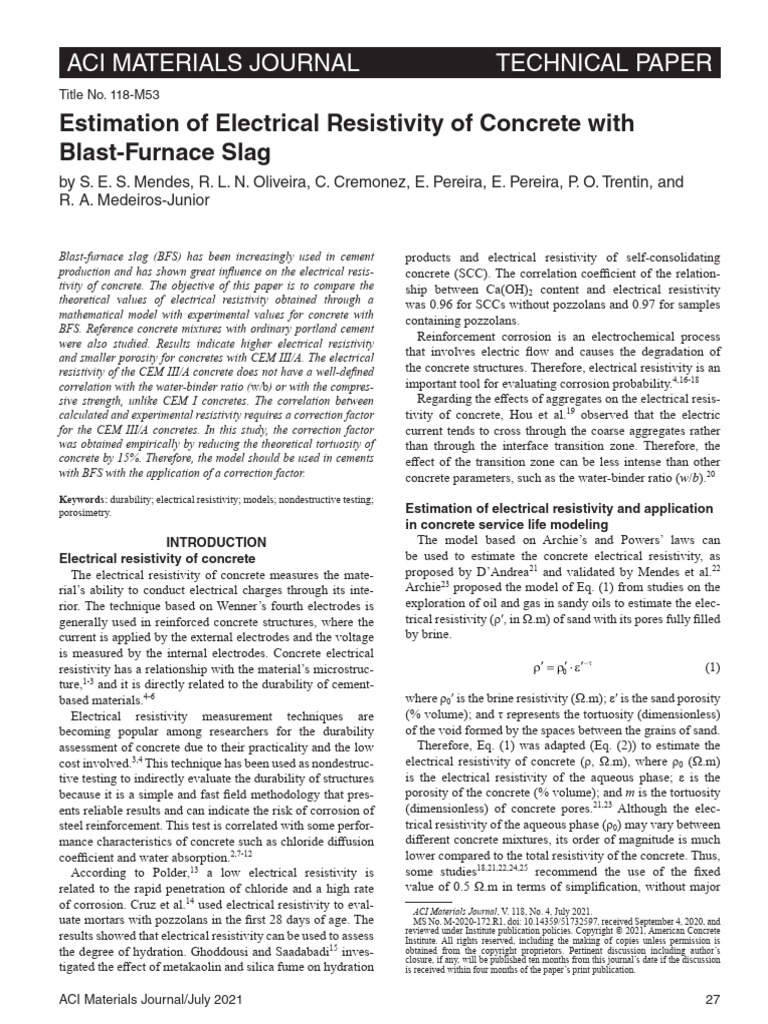 Estimation of Electrical Resistivity of Concrete With Blast Furnace ...
