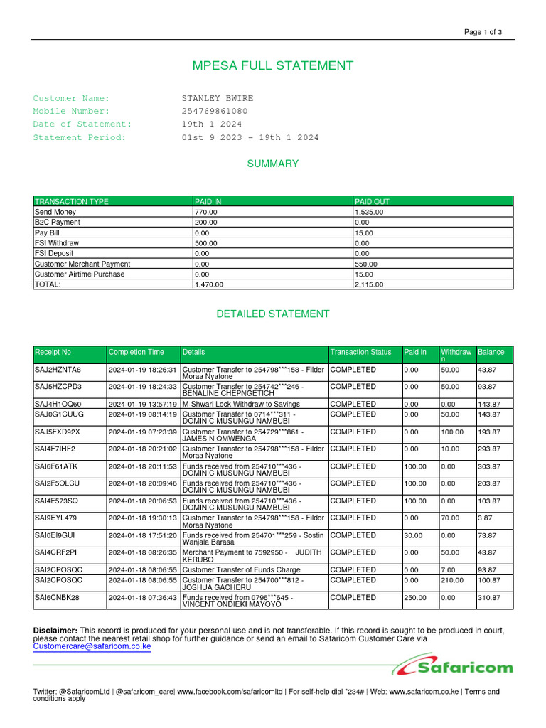 MPESA Statement: Sept 2023-Jan 2024 | PDF