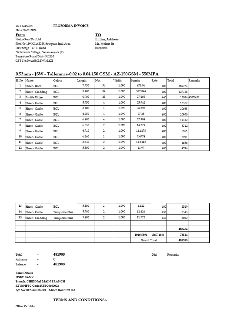 Proforma Invoice for Metco Roof Pvt Ltd | PDF | Financial Services ...