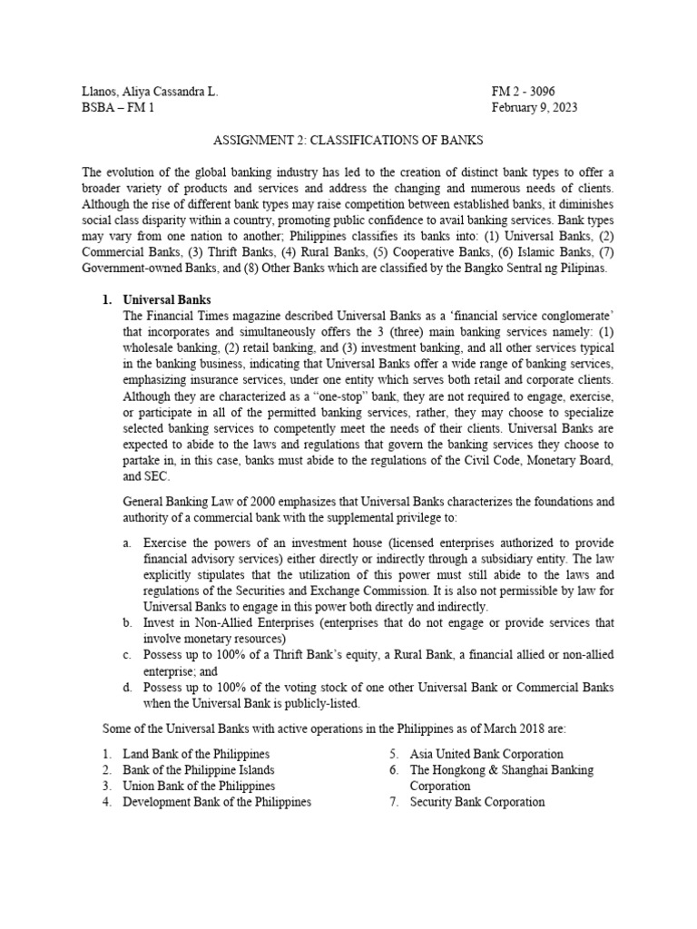 Classifications of Banks | PDF | Banks | Savings And Loan Association