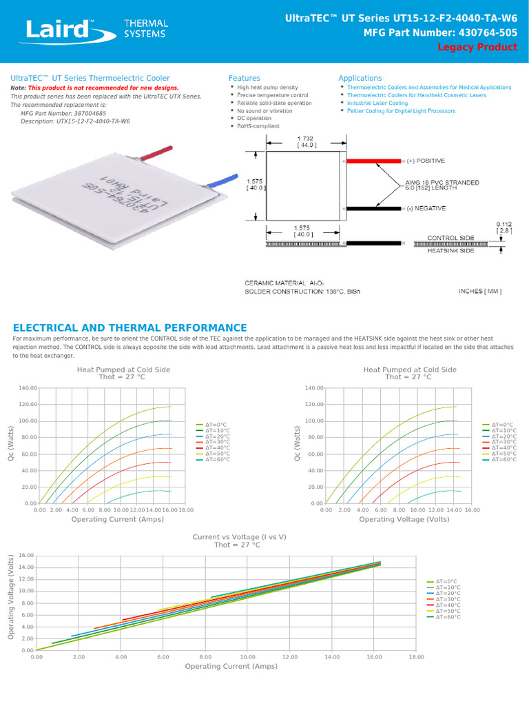 Datasheet UT15 12 F2 4040 TA W6 - Modulepeltier | PDF | Thermodynamics | Continuum Mechanics
