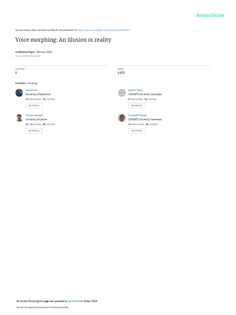 Voice Morphing: An Illusion or Reality: February 2018 | PDF | Computers