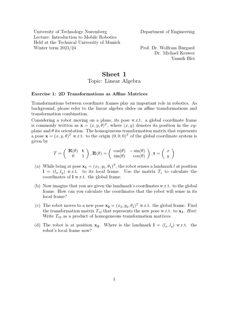 Mobile Robotics Excercise Sheet 1 | PDF