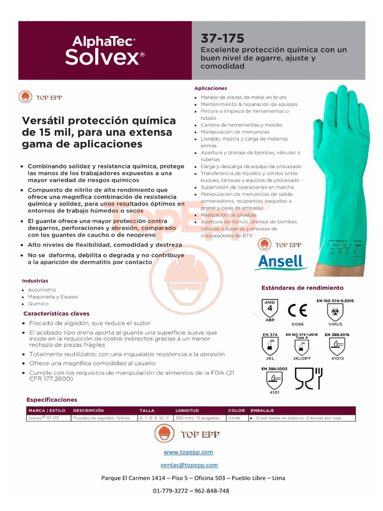 Guante de Nitrilo 37-175 - Solvex - Ansell - TopEpp S.A.C. | PDF