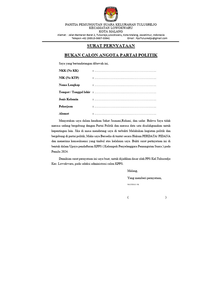 Surat Pernyataan SIPOL | PDF