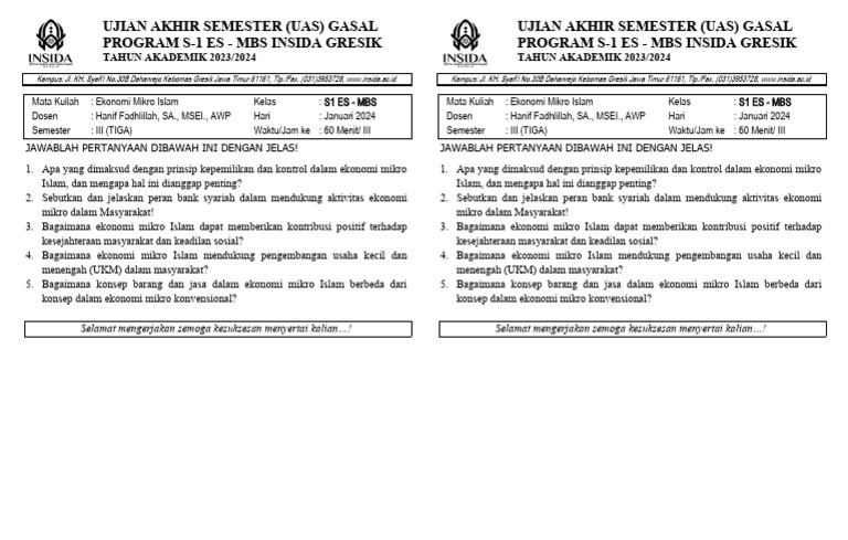 SOAL UAS (PARALEL) GASAL ES-MBS - Ekonomi Mikro Islam 2023 | PDF | Karier & Perkembangan | Bisnis