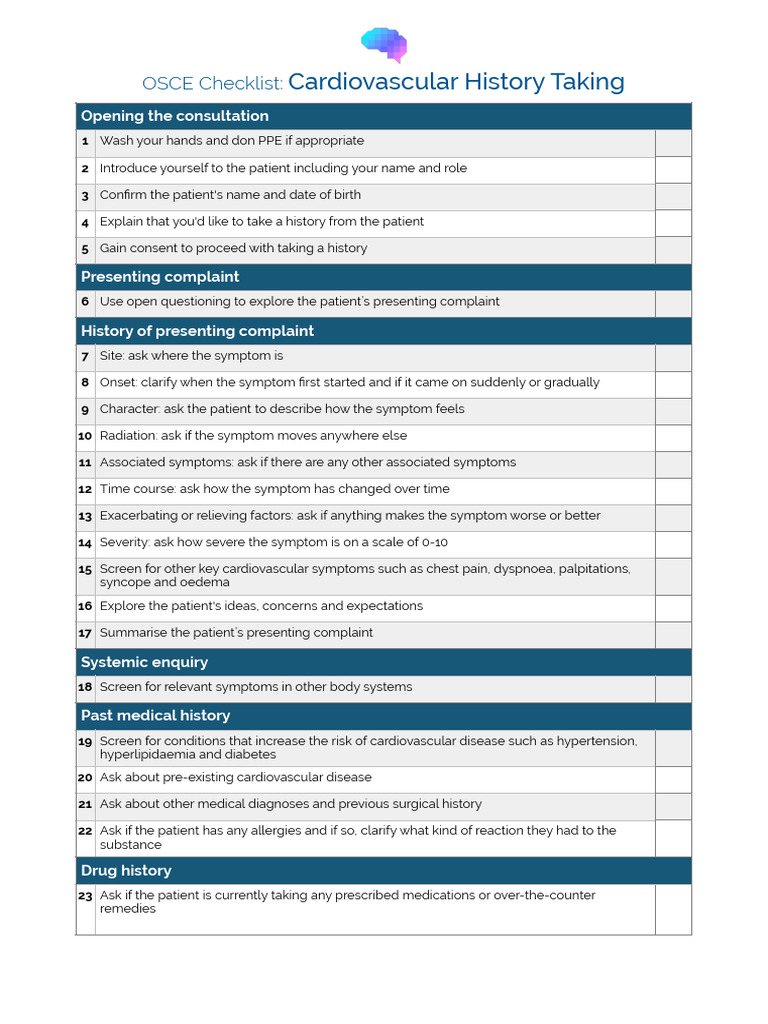 OSCE Checklist Cardiovascular History Taking | PDF | Clinical Medicine ... OSCE Checklist Cardiovascular History Taking | PDF | Clinical Medicine ...