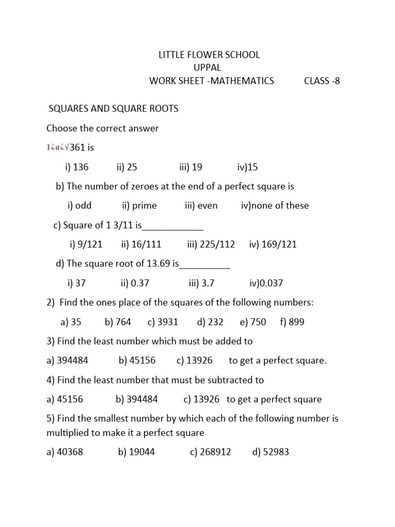 Class 8 Squares and Square Roots Worksheet | PDF