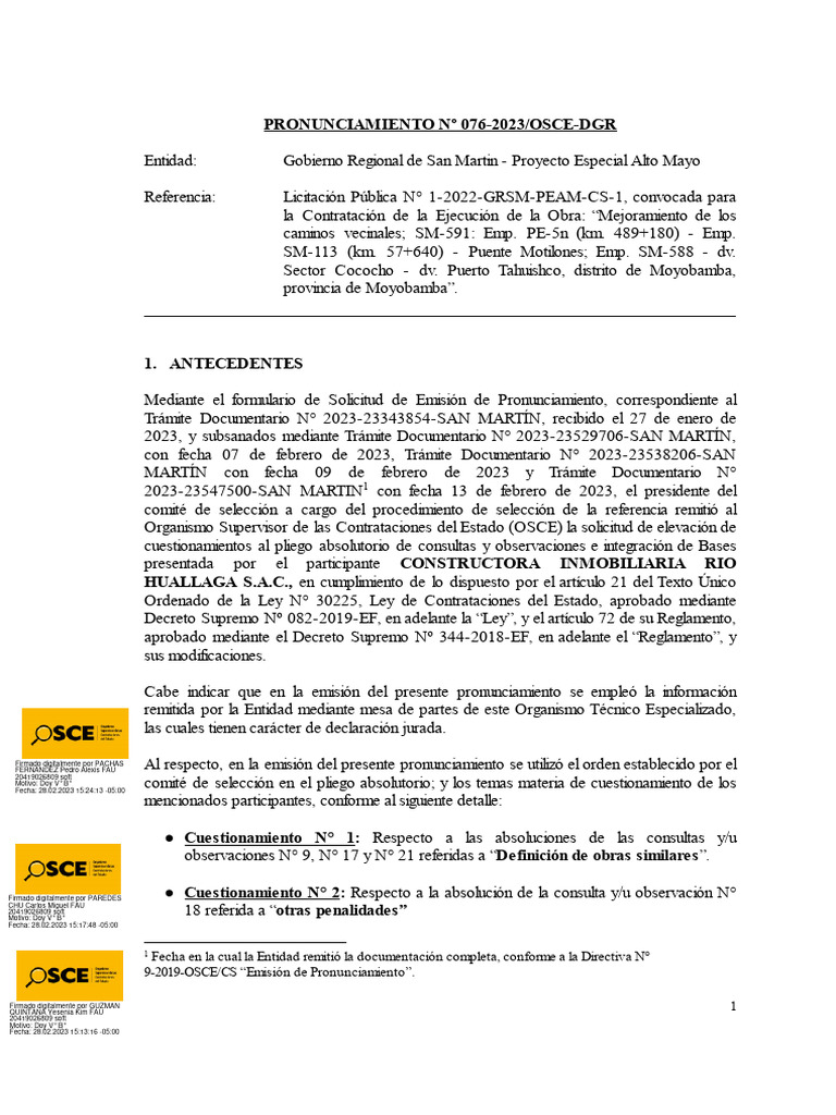 Pronunciamiento #076-2023 - OSCE-DGR PDF | PDF | Hormigón | Presupuesto