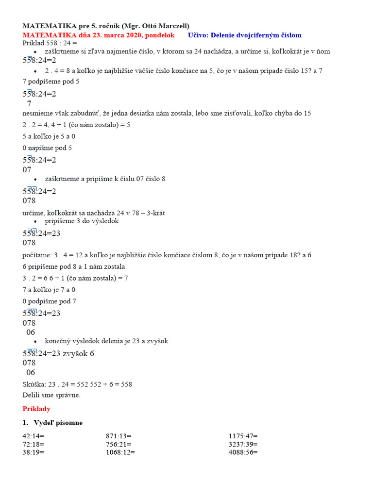 MAT 5 Delenie Dvojcifernym Cislom | PDF