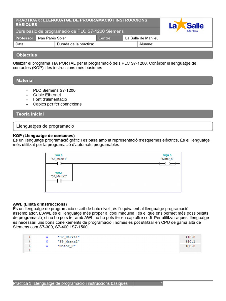 Pràctica 3 Llenguatge de Programació I Instruccions Bàsiques | PDF